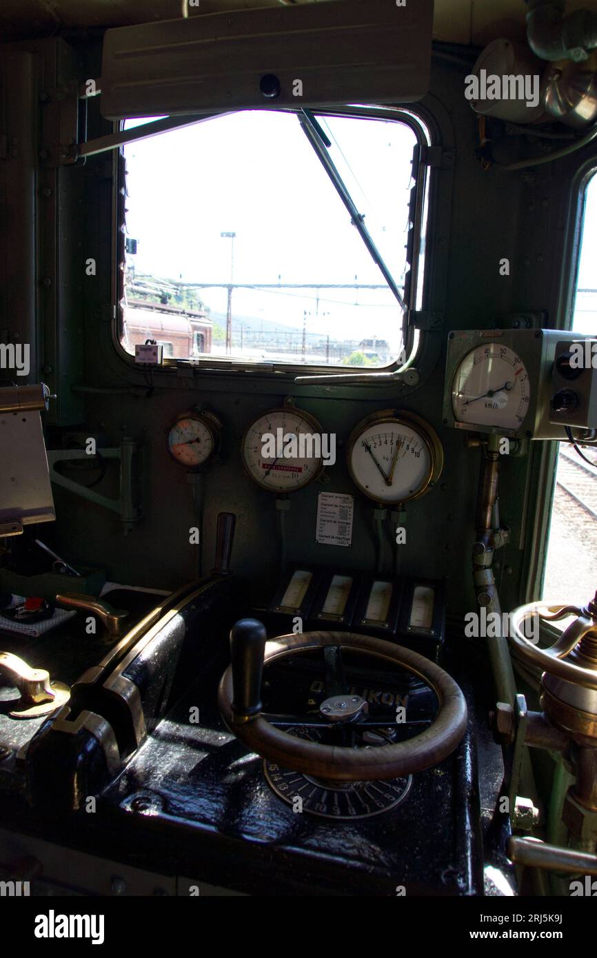An interior view of a classic locomotive, showcasing the vintage charm ...