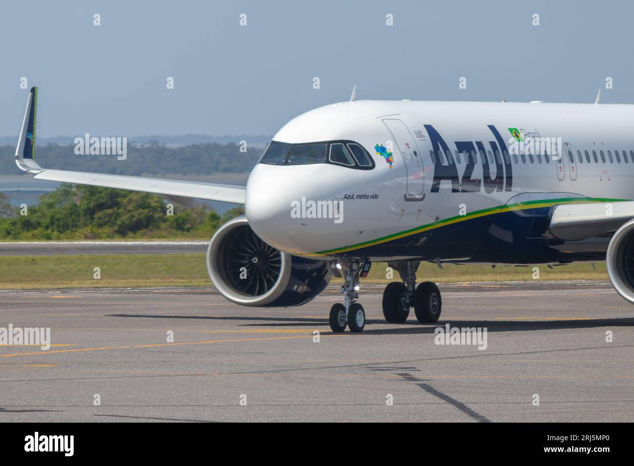 A closeup of Airbus A320-NEO of AZUL Brazilian Airlines on a runway ...