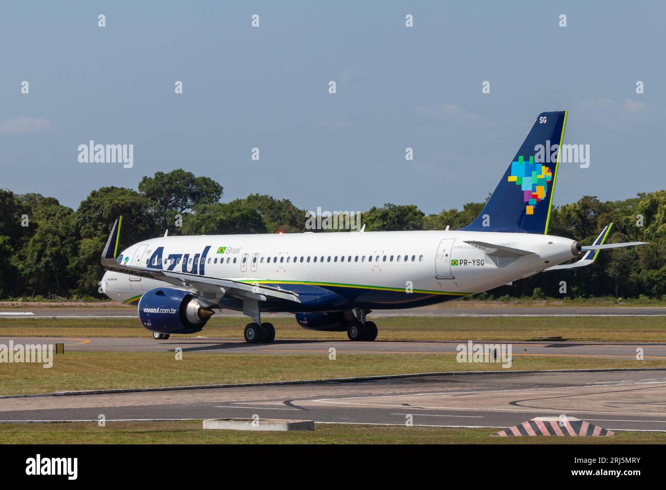 A closeup of Airbus A320-NEO of AZUL Brazilian Airlines on a runway ...