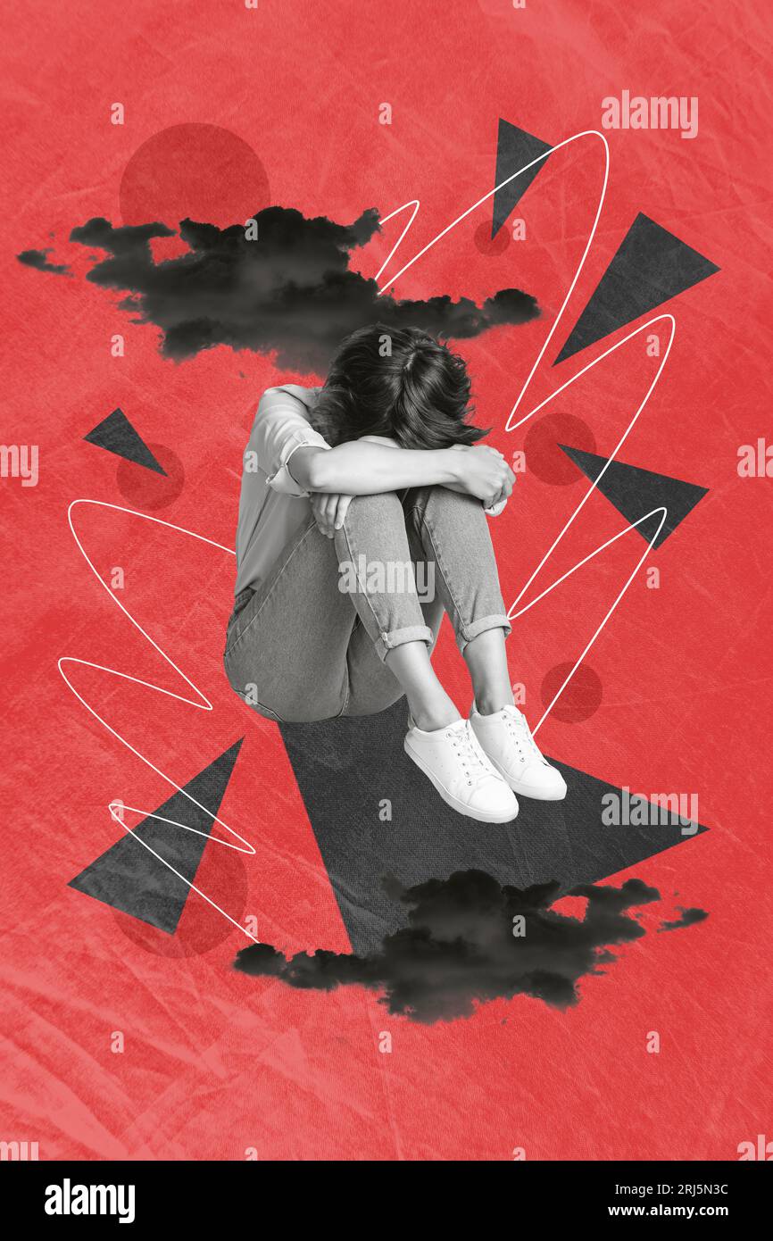 Vertical collage picture of black white colors unsatisfied girl dark ...