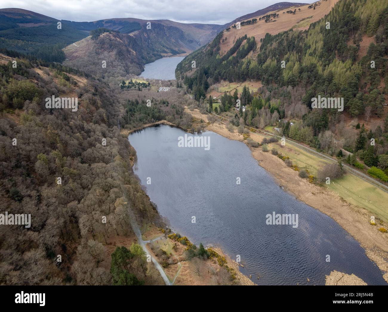 An aerial view of the Glendalough glacial valley in Wicklow Ireland ...
