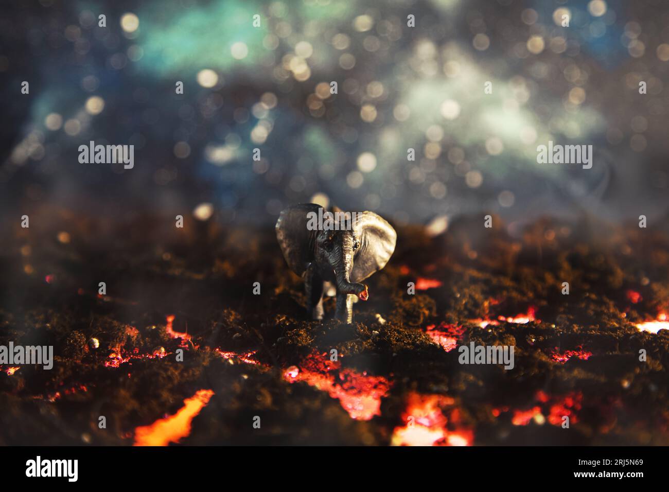 Elephant walks on burning lava. Creative scenery with a small miniature ...
