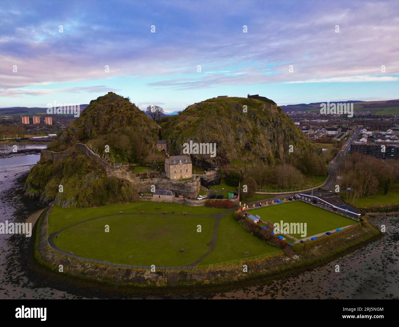 An aerial view of the historical Dumbarton Castle located in Scotland ...