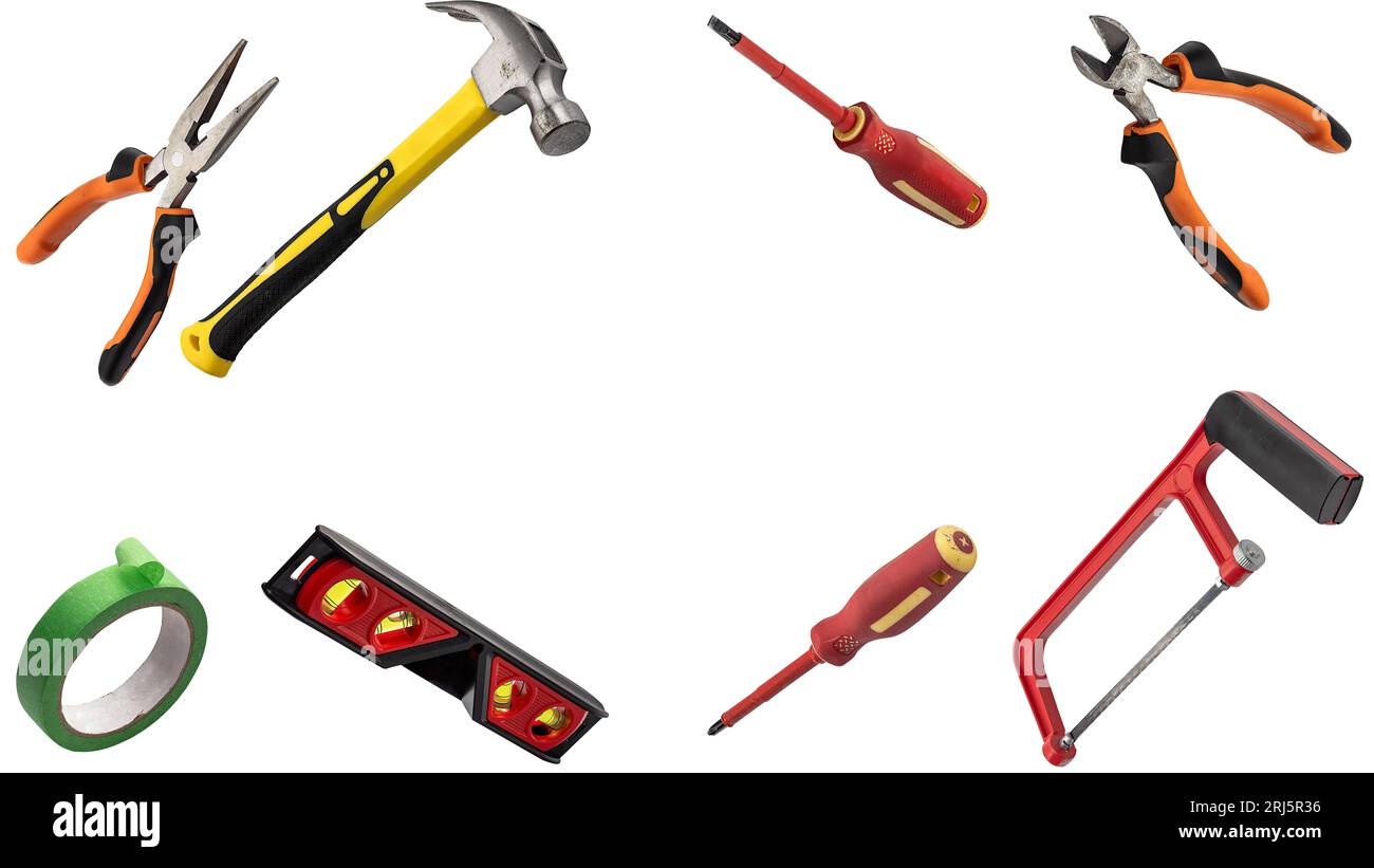 A collection of tools on white background Stock Photo - Alamy