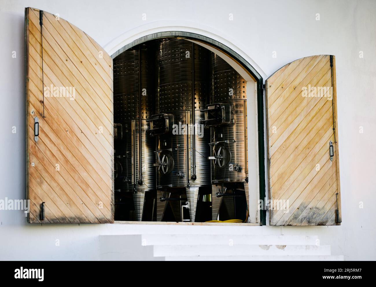 The stainless steel vat room of a wine cellar. Stellenbosch, South ...