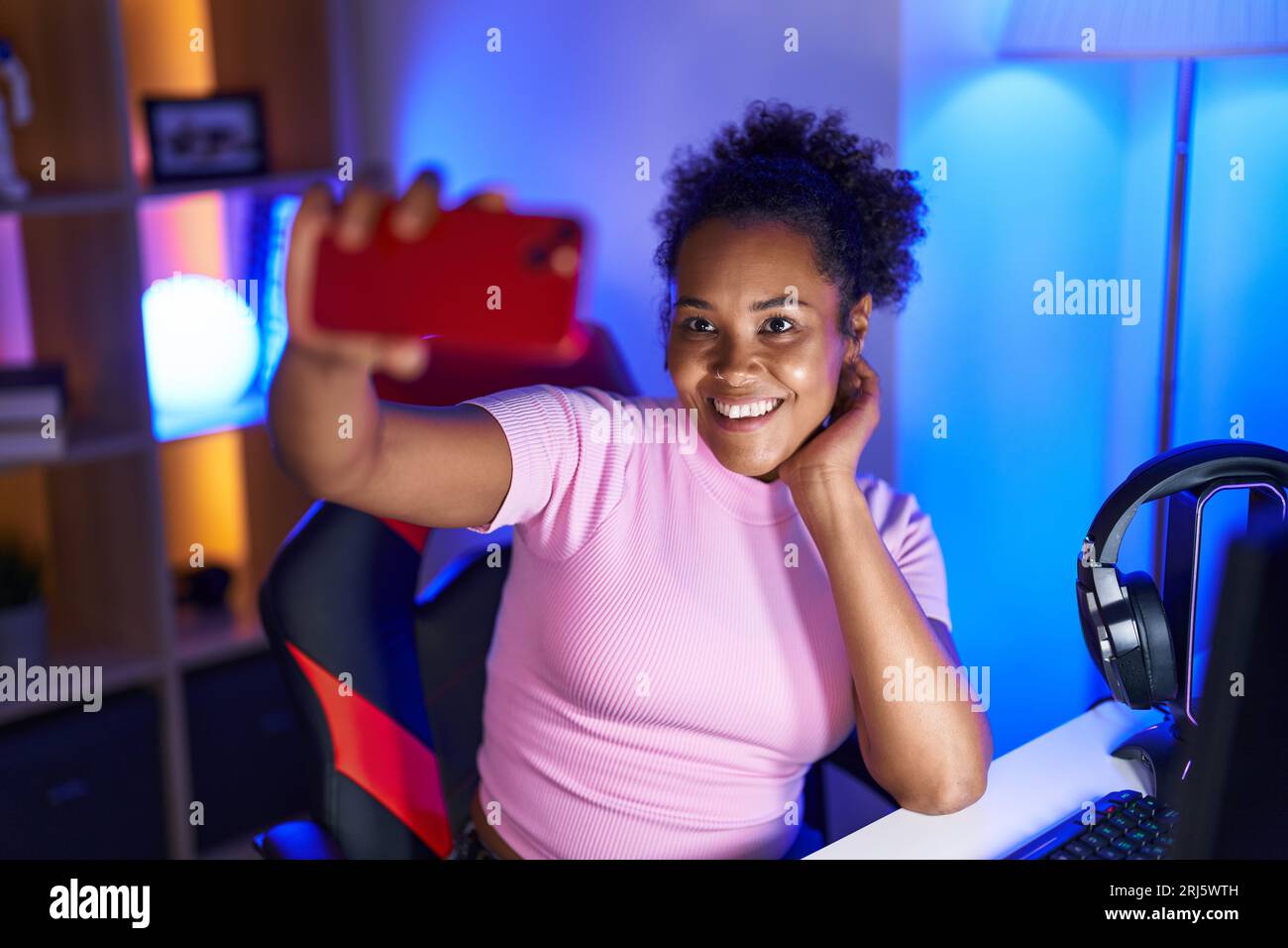 African american woman streamer smiling confident make selfie by ...