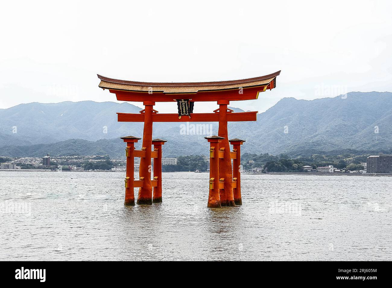 A stunning landscape view of the red, floating Torii gate of the ...