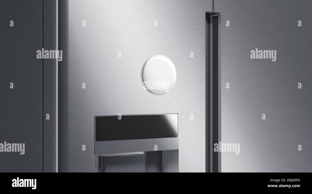 Blank white round magnet on fridge mockup, side view Stock Photo - Alamy