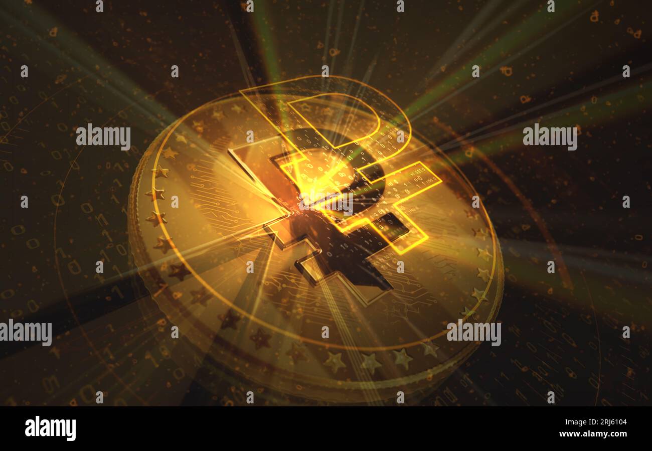 Digital Ruble RUB Cryptoruble cryptocurrency gold coin on green screen background. Abstract ...