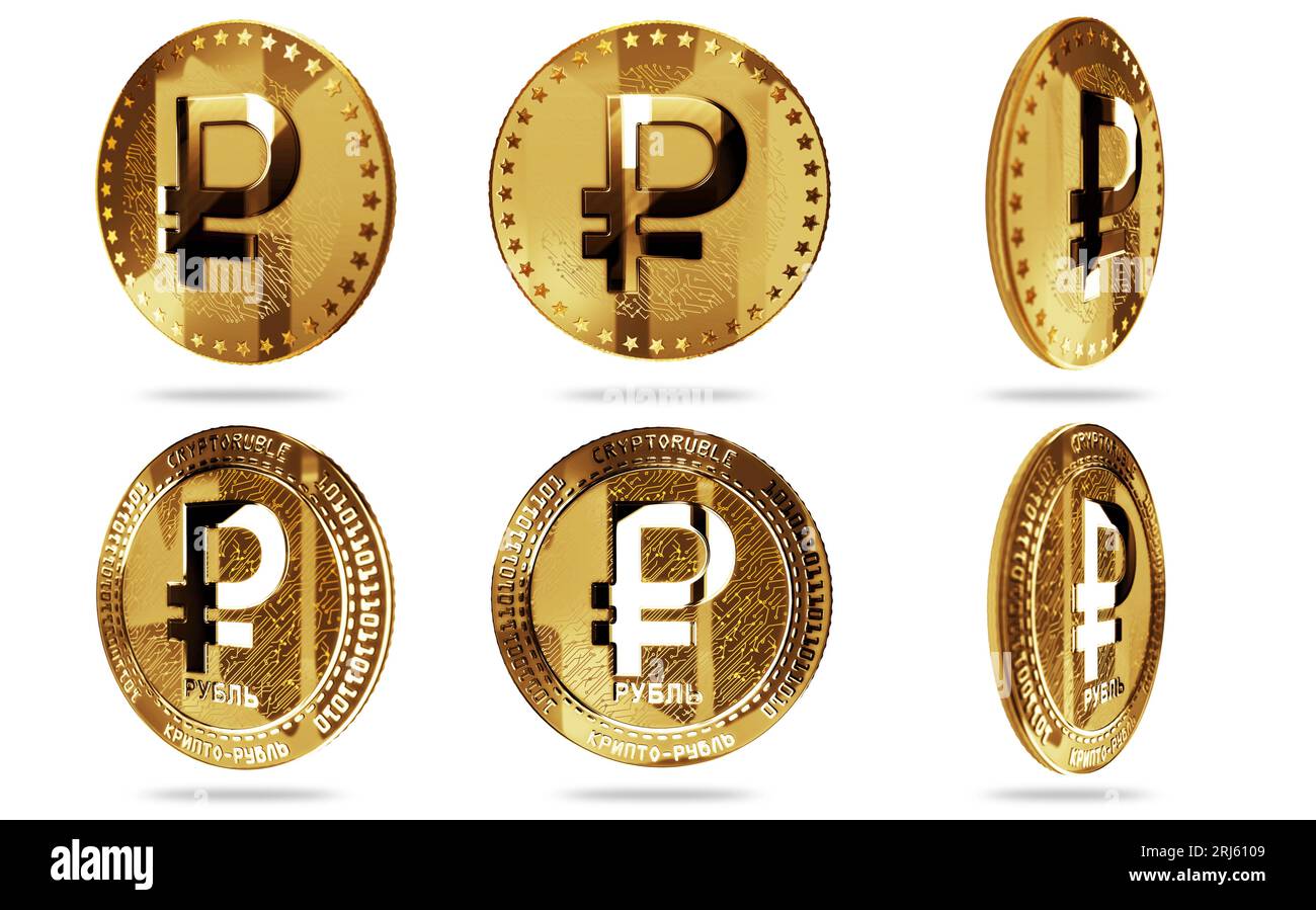 Digital Ruble RUB Cryptoruble cryptocurrency isolated gold coin on green screen background ...