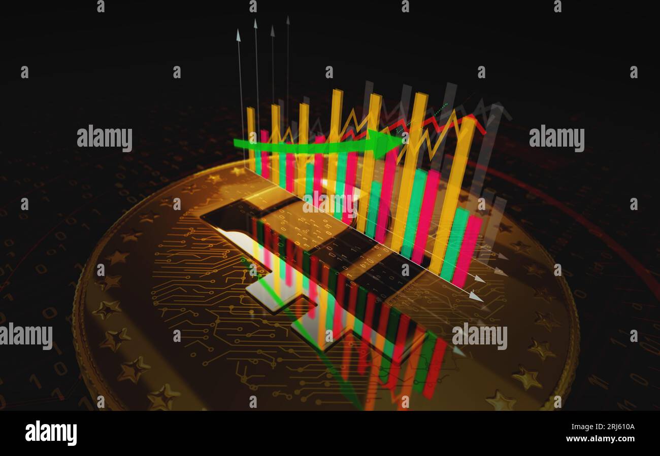 Digital Ruble RUB Cryptoruble cryptocurrency golden coin over the chart. Price trend graph with ...