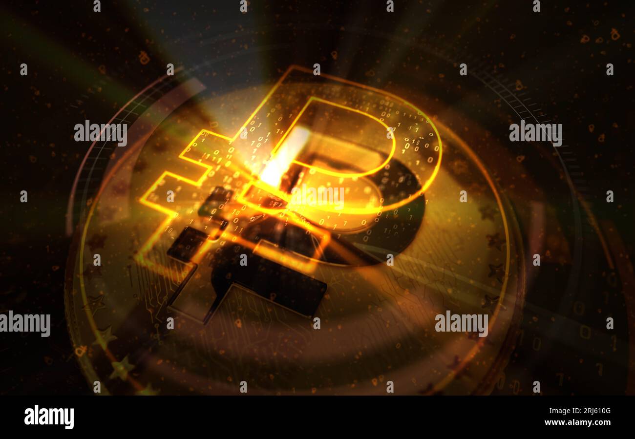 Digital Ruble RUB Cryptoruble cryptocurrency gold coin on green screen background. Abstract ...
