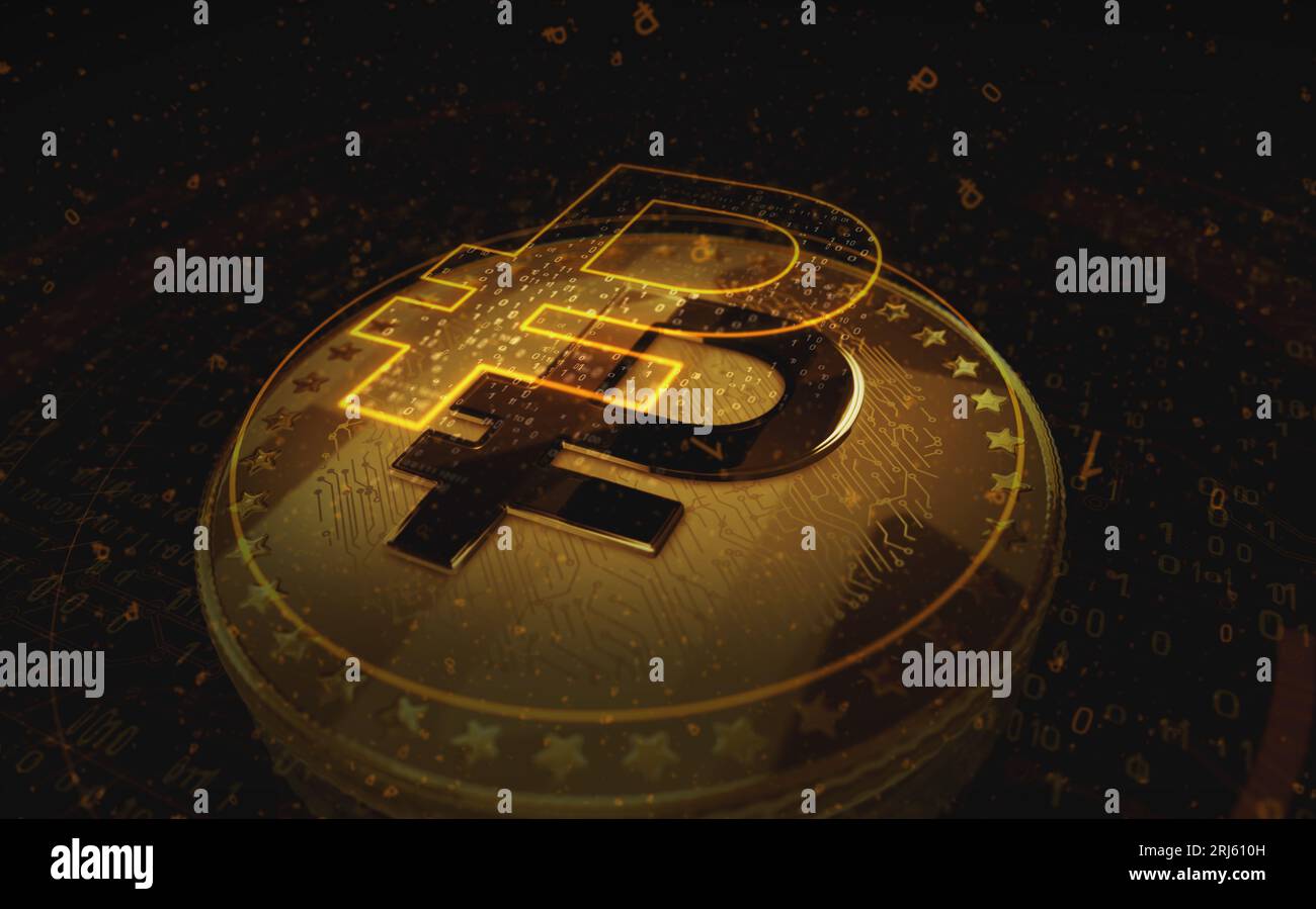 Digital Ruble RUB Cryptoruble cryptocurrency gold coin on green screen background. Abstract ...