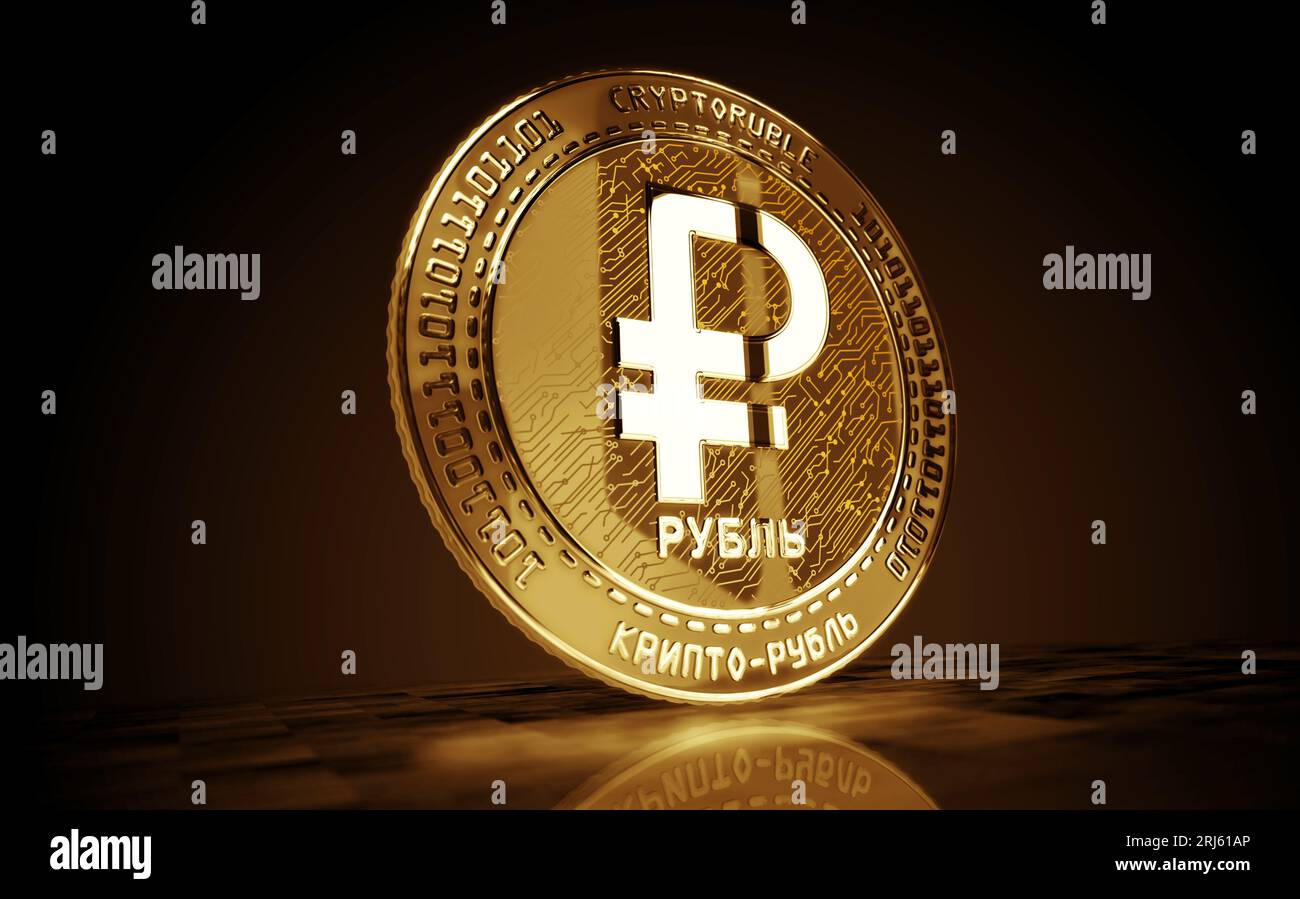 Digital Ruble RUB Cryptoruble cryptocurrency gold coin on green screen background. Abstract ...