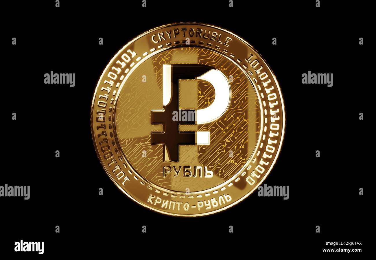 Digital Ruble RUB Cryptoruble cryptocurrency isolated gold coin on green screen background ...