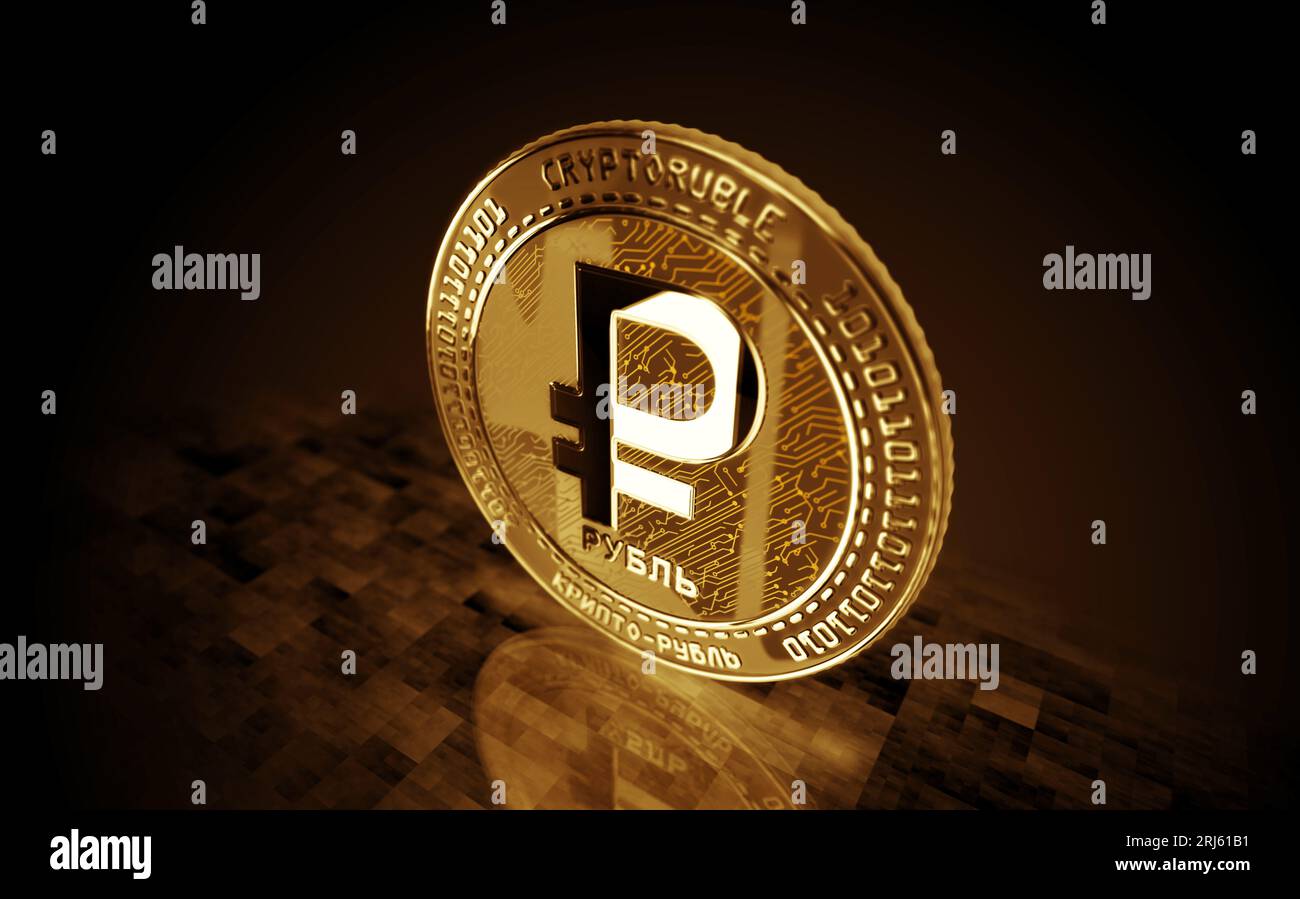 Digital Ruble RUB Cryptoruble cryptocurrency gold coin on green screen background. Abstract ...