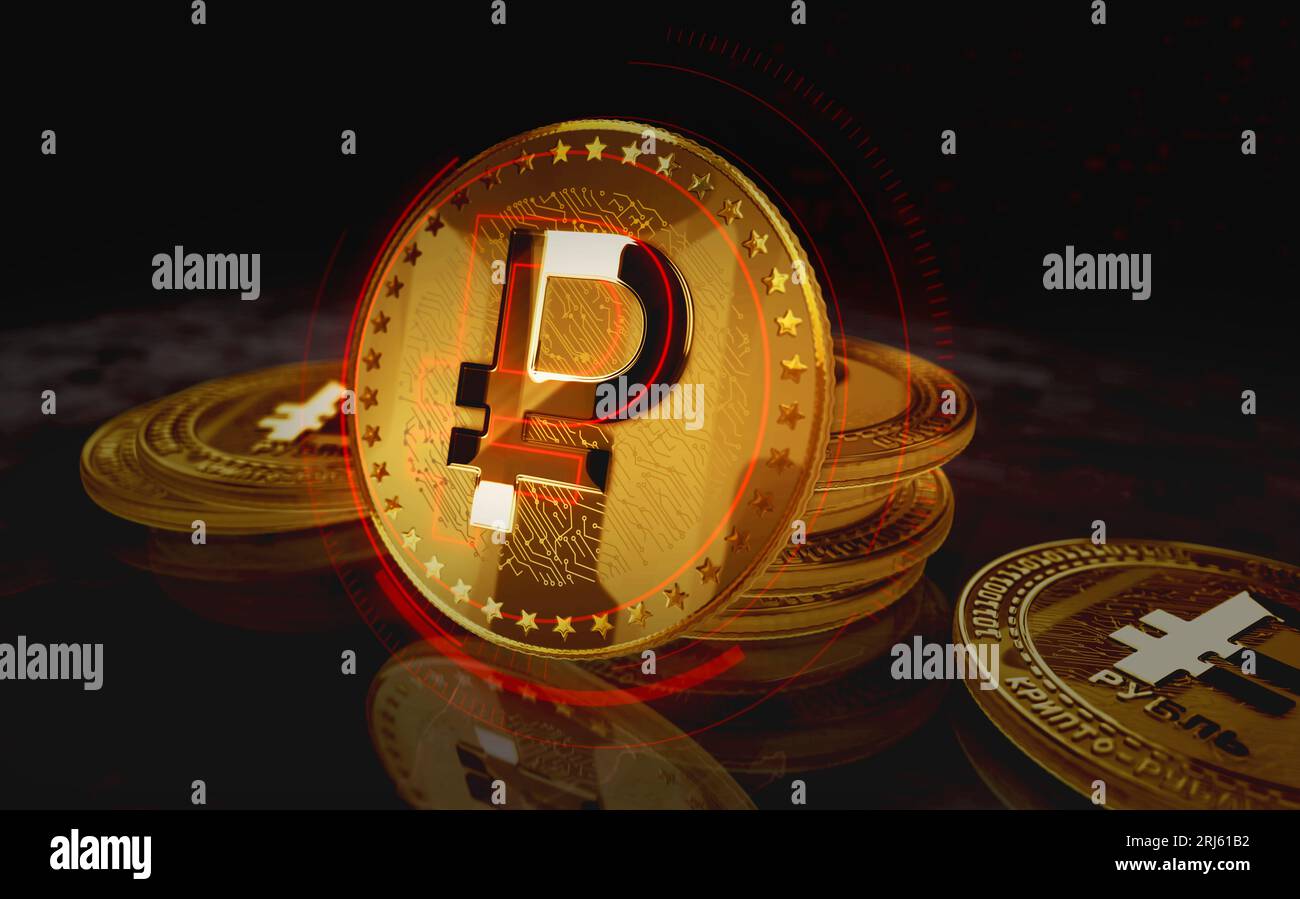 Digital Ruble RUB Cryptoruble cryptocurrency gold coin on green screen background. Abstract ...