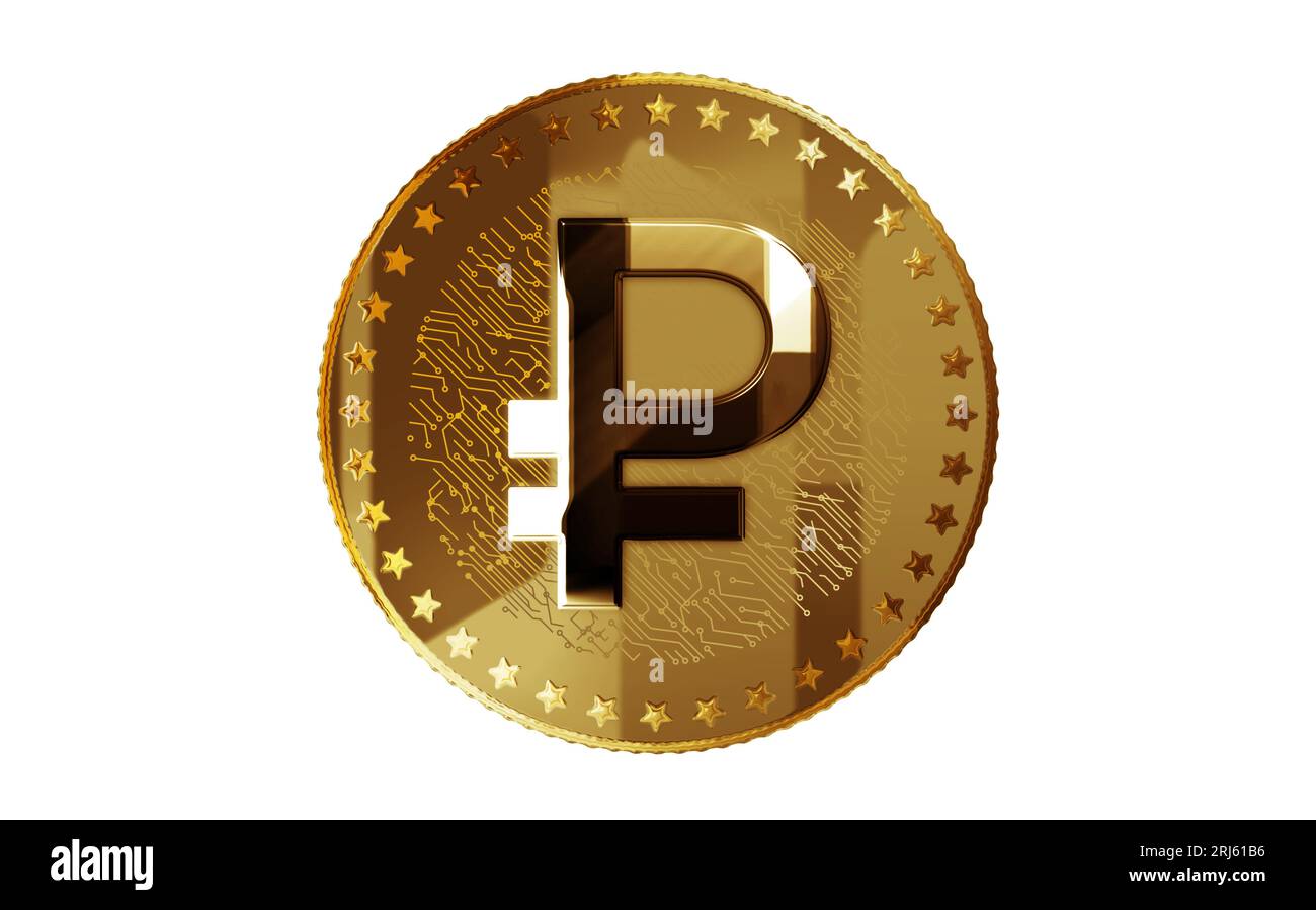 Digital Ruble RUB Cryptoruble cryptocurrency isolated gold coin on green screen background ...