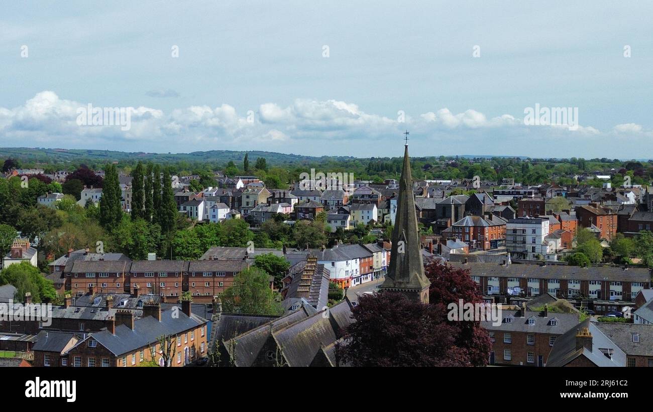 An aerial view of a bustling Devon town, with a variety of residential ...