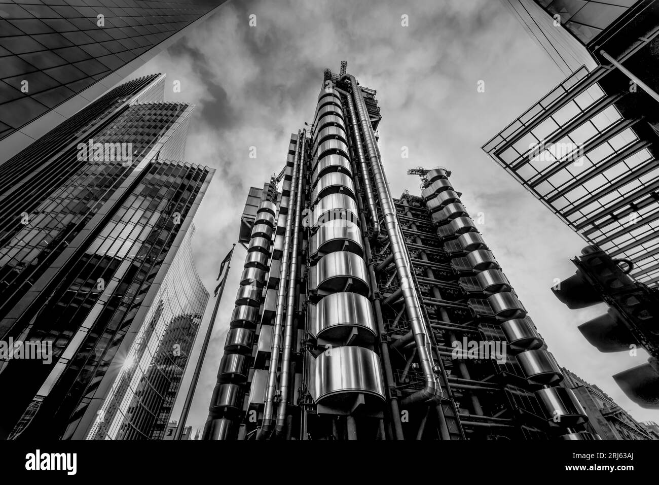 A low angle grayscale shot of tall modern buildings in London, United ...