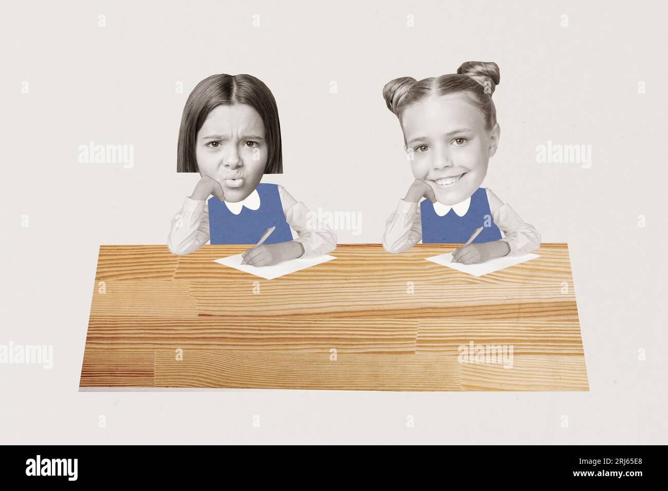 Collage photo of two funny small school girls best friends sitting desk ...