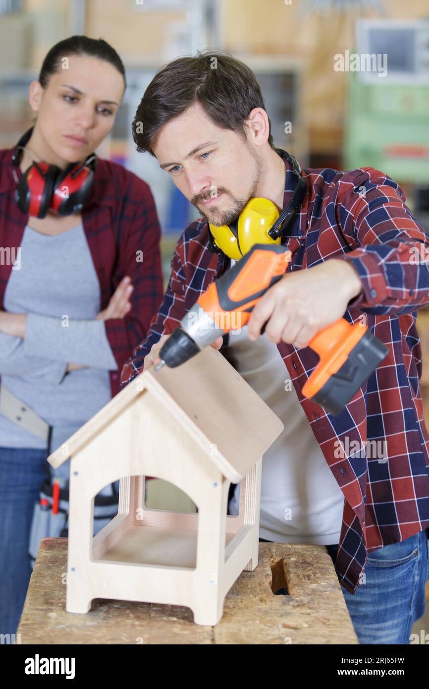 woman and man making a wood house model Stock Photo - Alamy