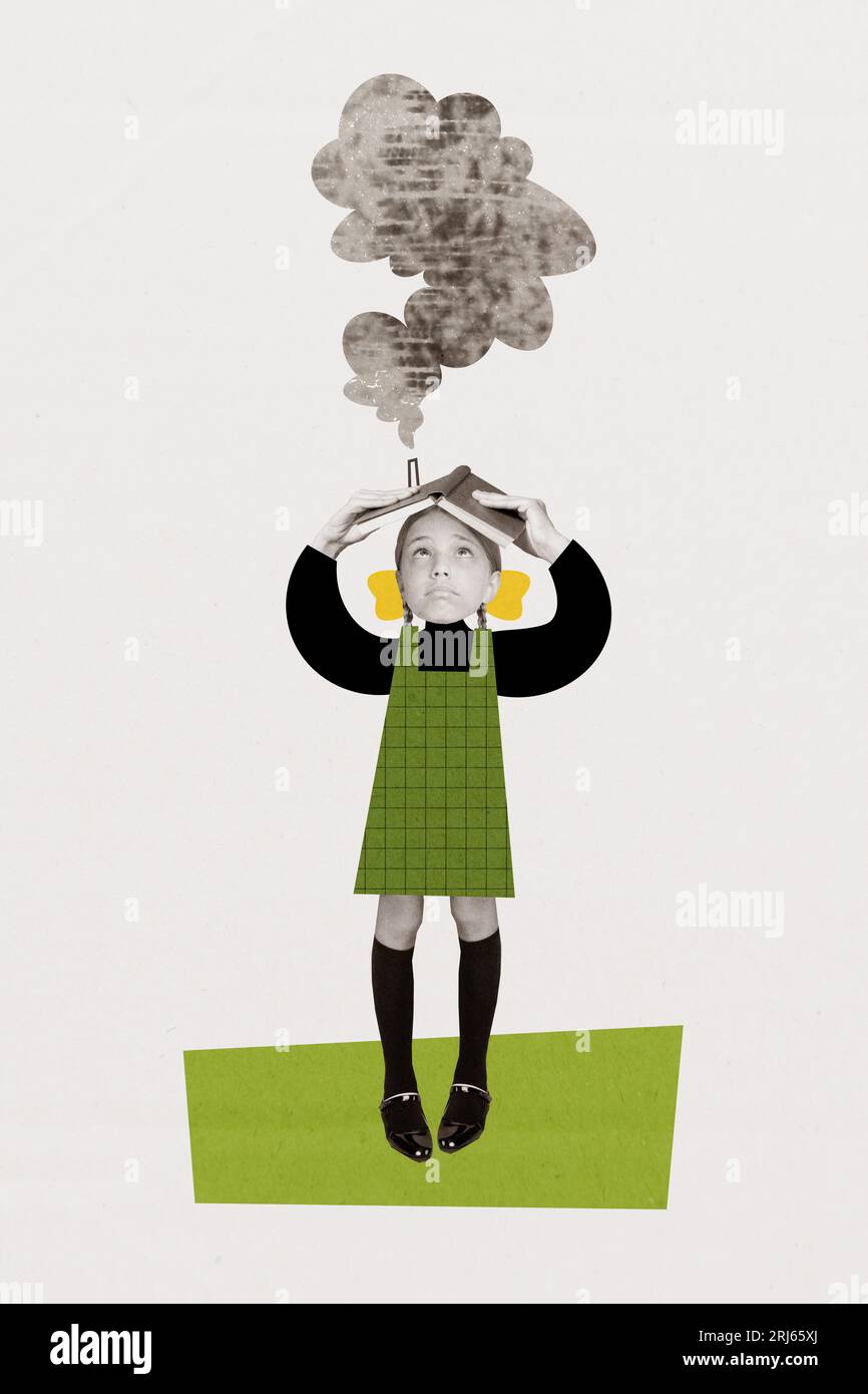 Creative artwork vertical collage of little desperate school girl pupil ...