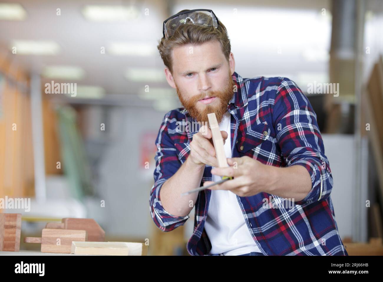 male carpenter checking piece of wood is straight Stock Photo - Alamy