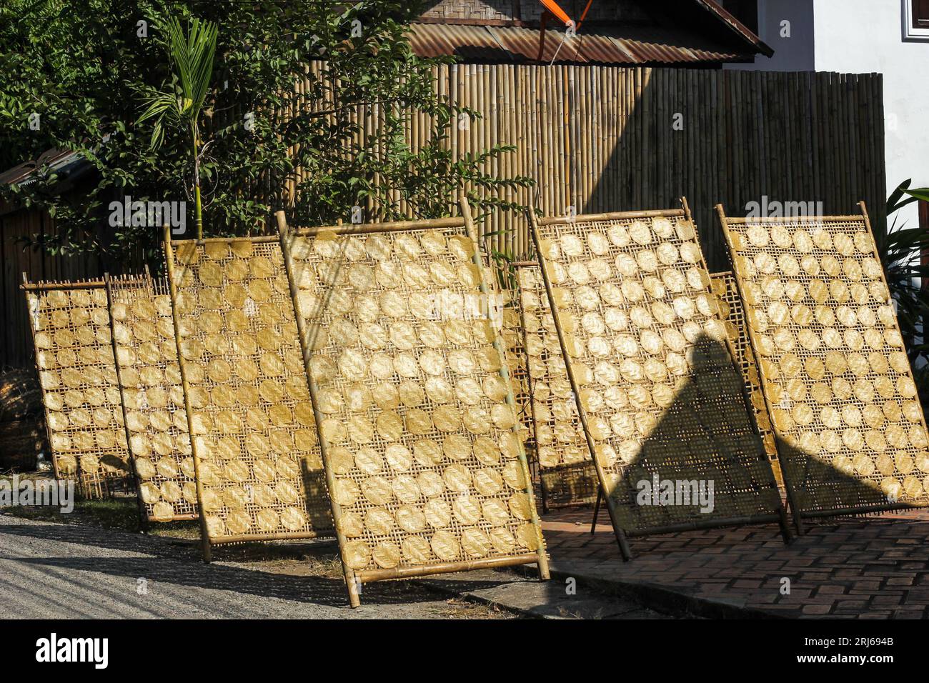 Round rice cakes drying in the sun outside on a street in Luang Prabang ...