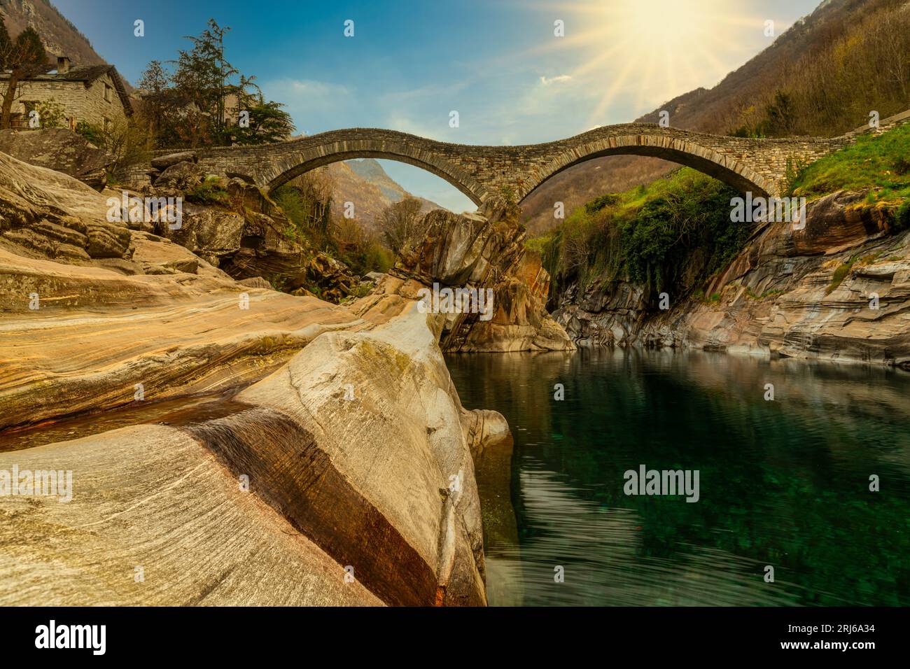 An ancient double arch stone Roman bridge (Ponte dei Salti) over the ...