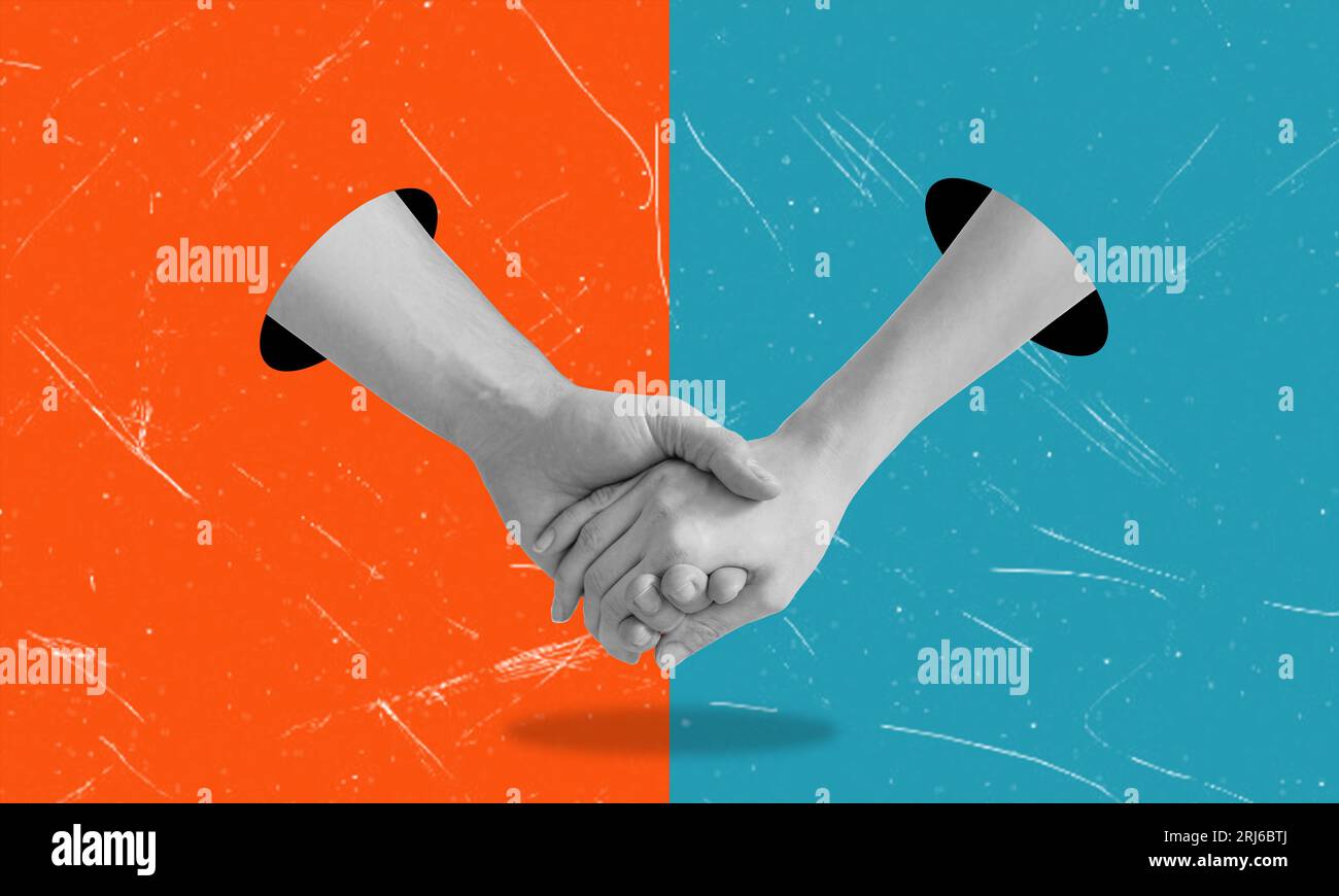 Creative abstract collage of an image showing a happy couple holding ...