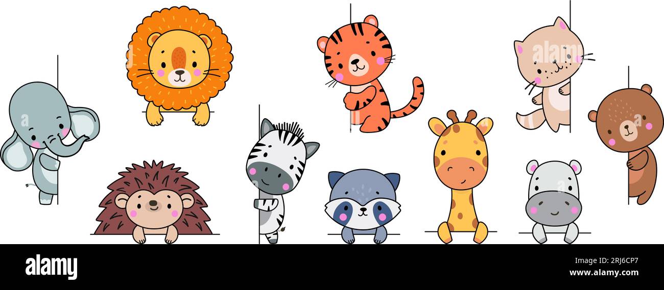 Animals looking out, funny animal peeking out window and wall. Cartoon ...