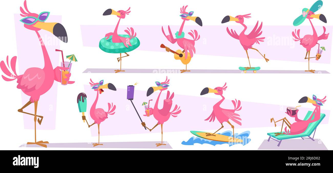 Flamingo. Pink cartoon birds exact vector tropical birds flying ...