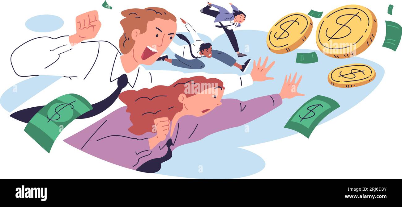 People chasing money. Employees catching fly big coins, entrepreneur ...