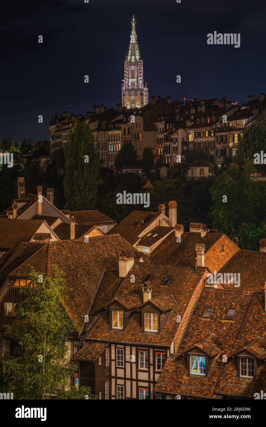 A scenic night aerial view of Bern's old town seen from Rose Garden ...