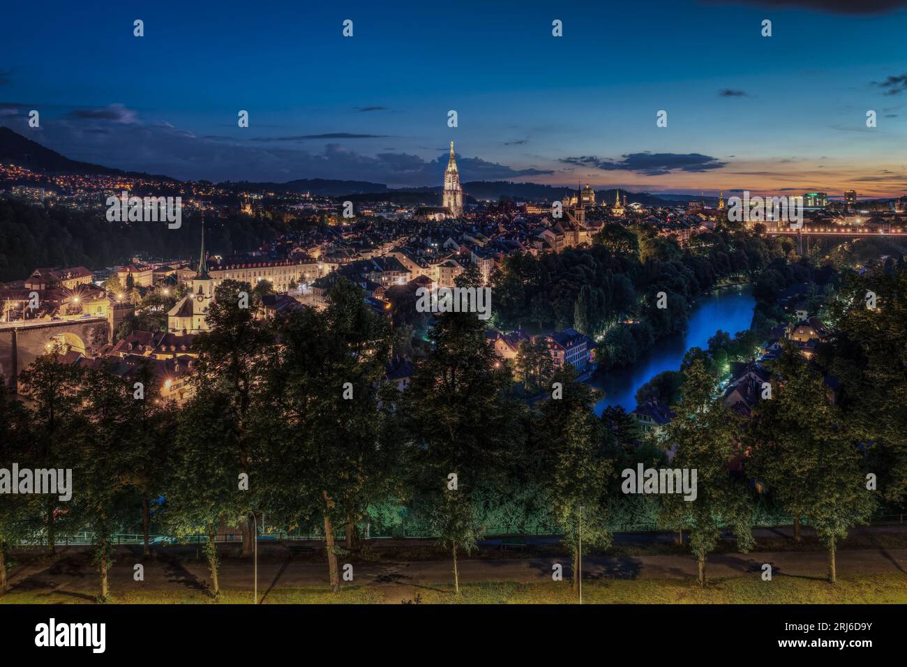 A scenic night aerial view of Bern's old town seen from Rose Garden ...