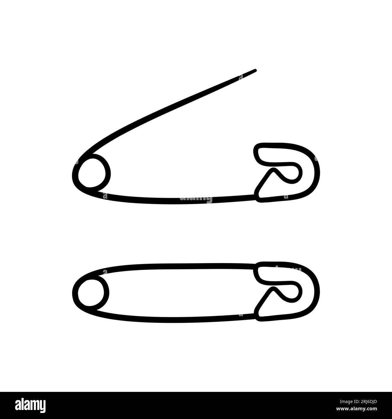 Open and closed safety pin. Hand drawn sketch icons of two sewing pins. Needlework concept ...