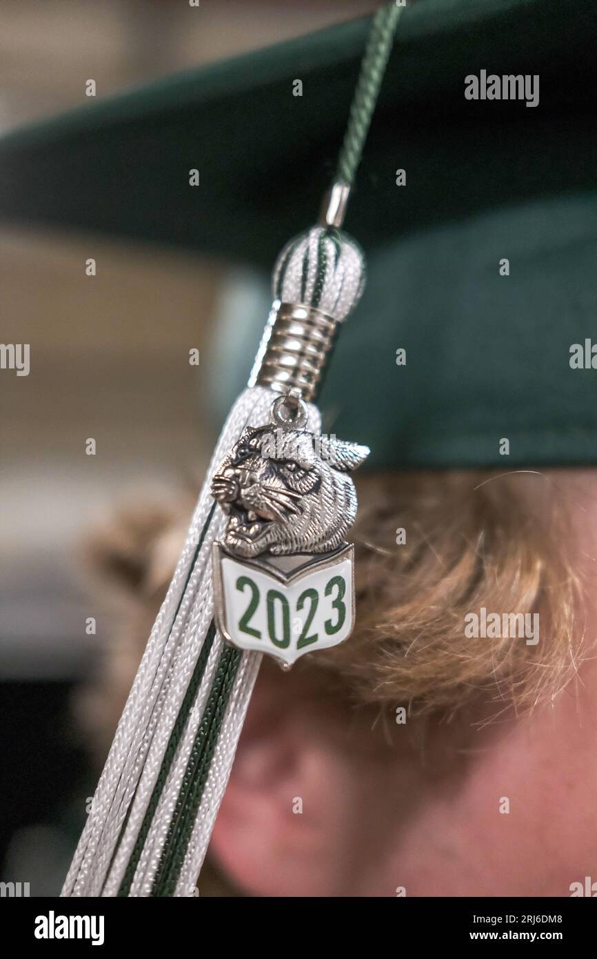 A green graduation cap with a silver tassel featuring a tiger head with ...