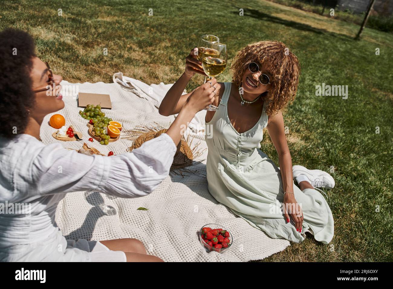 african american women clinking wine glasses while relaxing on summer ...