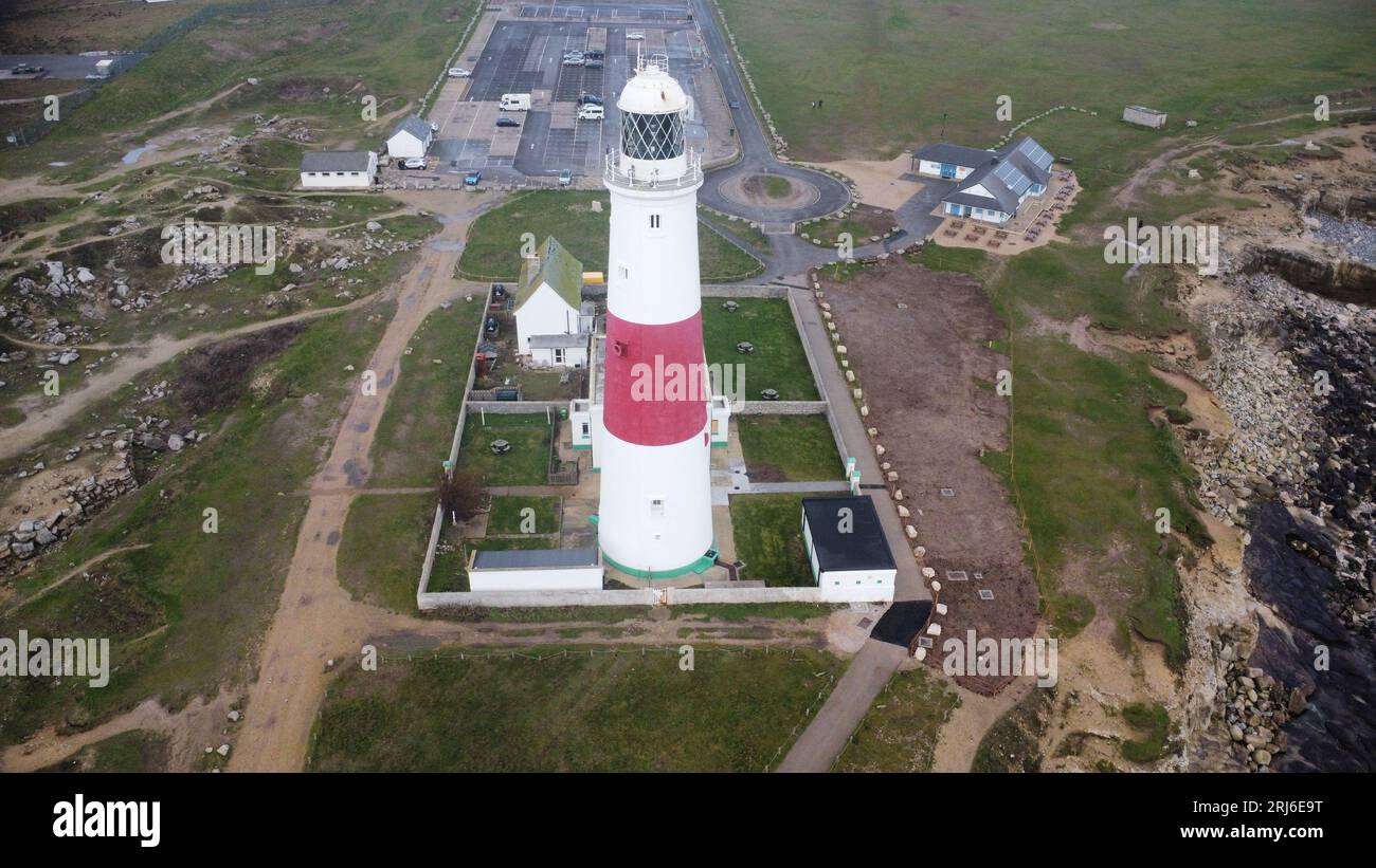 An aerial view of the iconic Portland Bill Lighthouse on the Isle of ...
