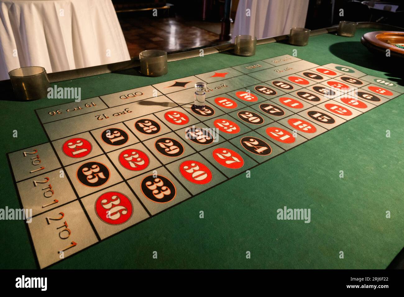 A traditional roulette table with markings for players to place their ...