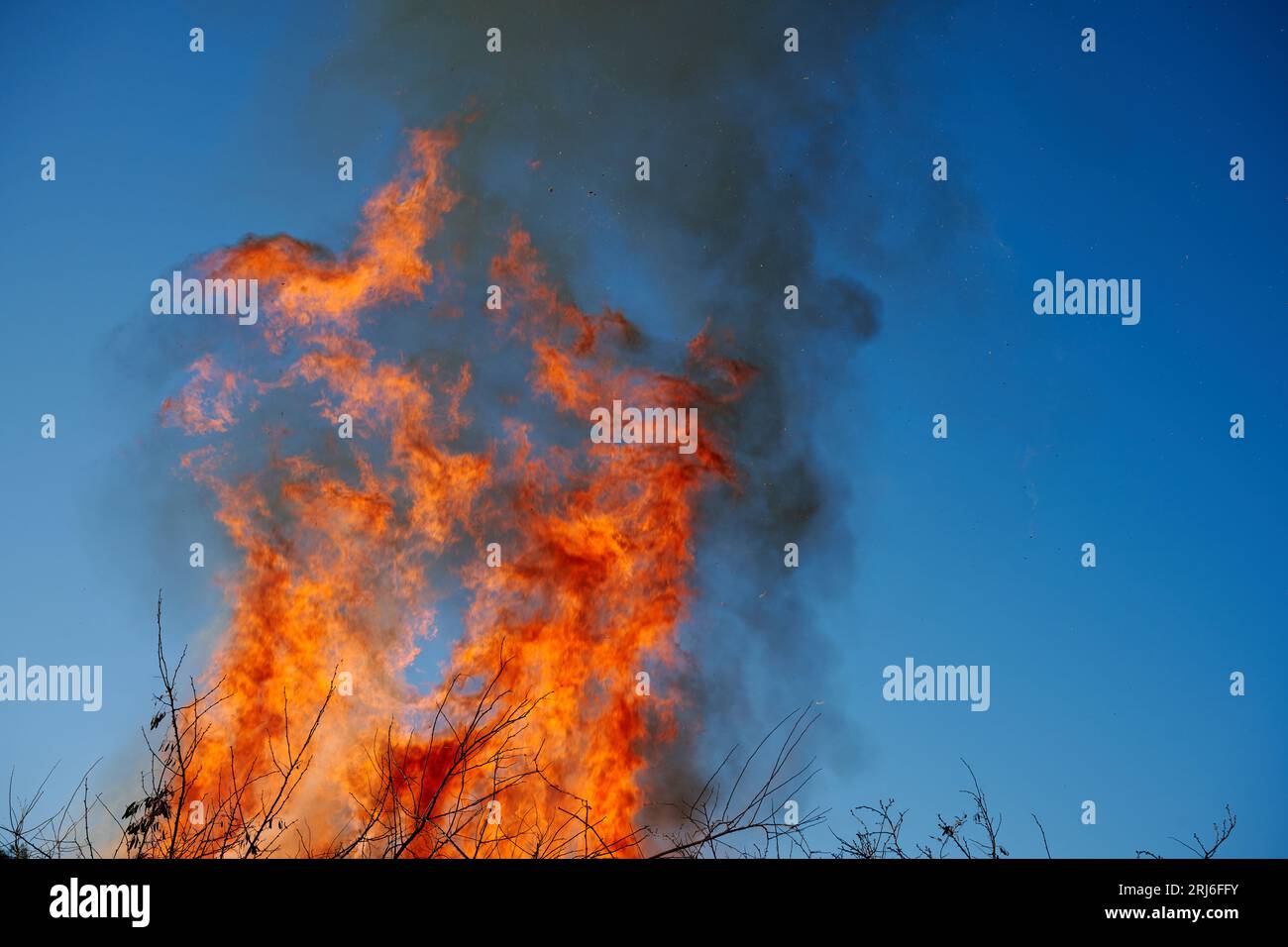 Flames from intense fire reaching into a clear blue sky Stock Photo - Alamy