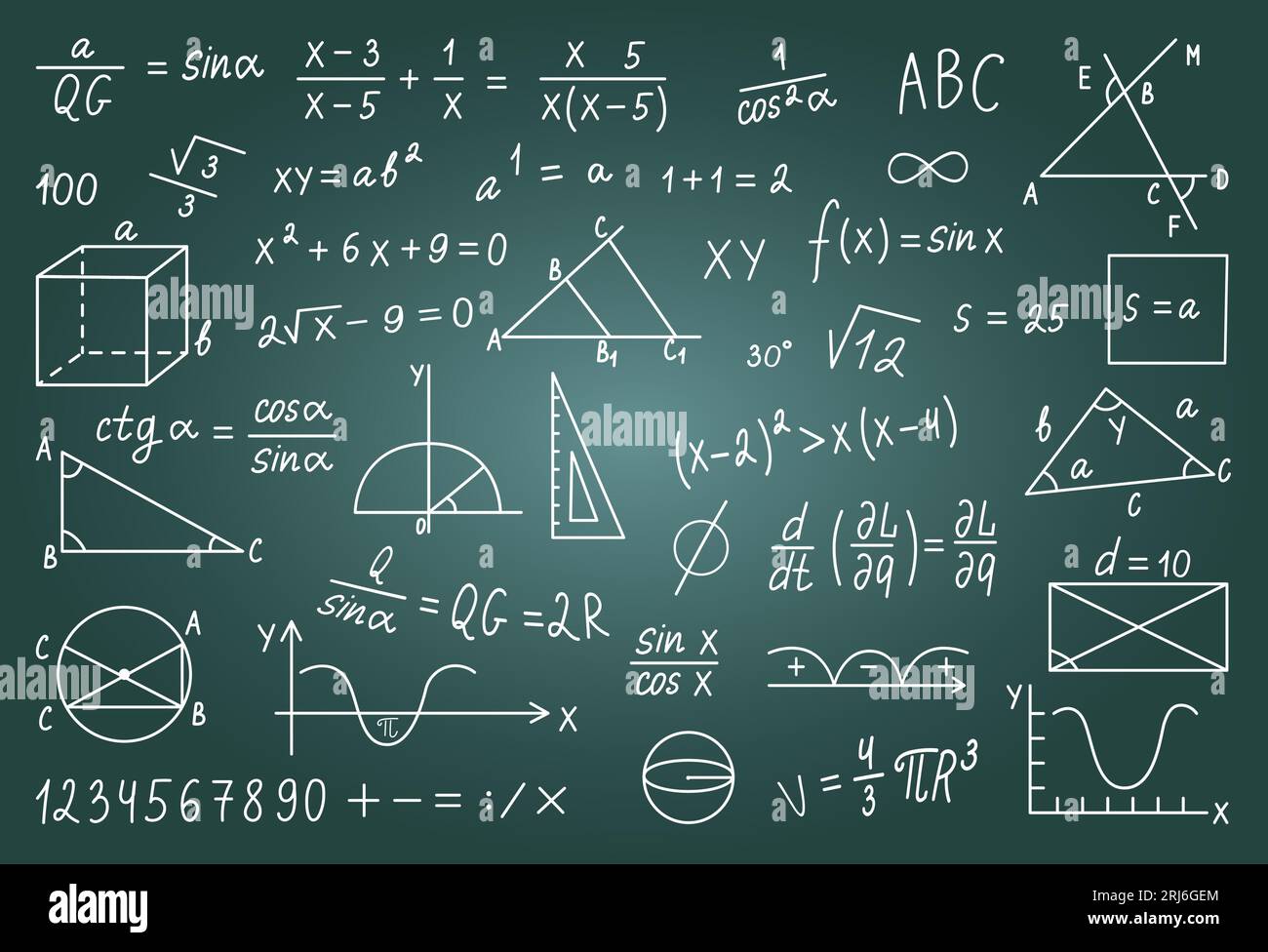 Hand drawn math signs on chalk board. Graphic and formula, mathematical ...