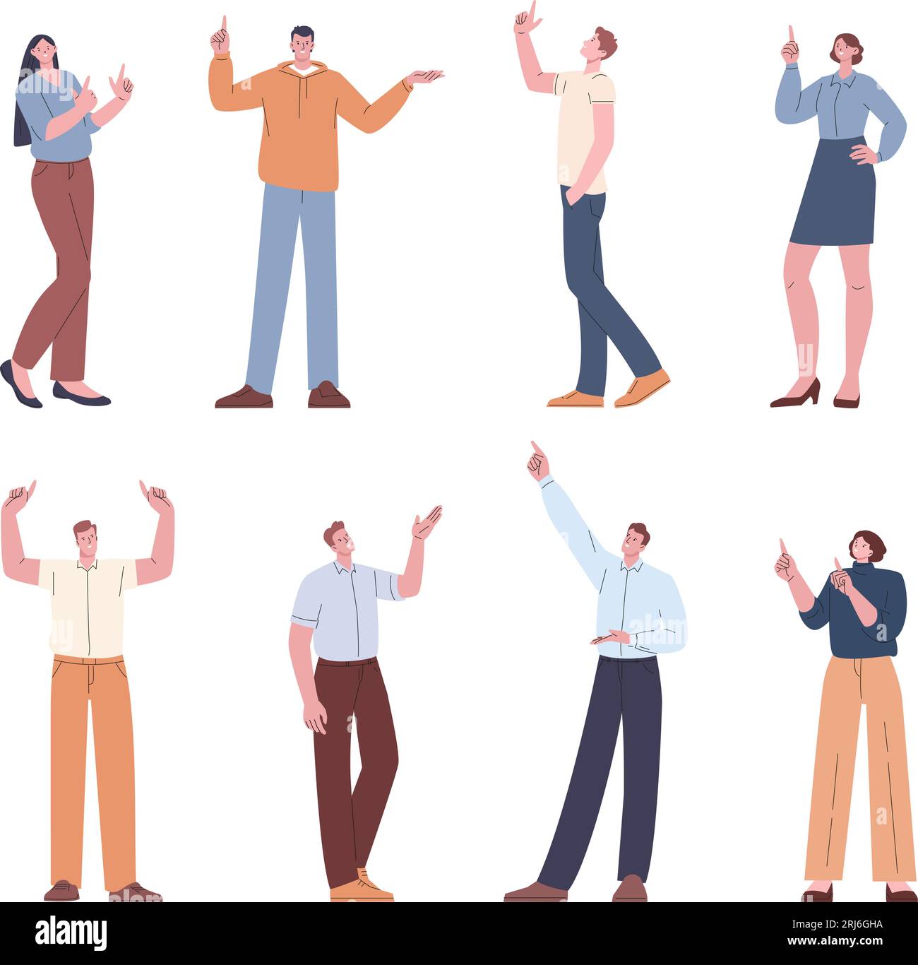 People pointing up. Casual person looking in sky, business characters point finger. Women men ...