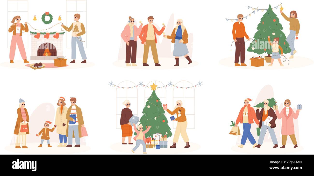 Friends christmas prepare, family winter holiday together. Giving gifts ...