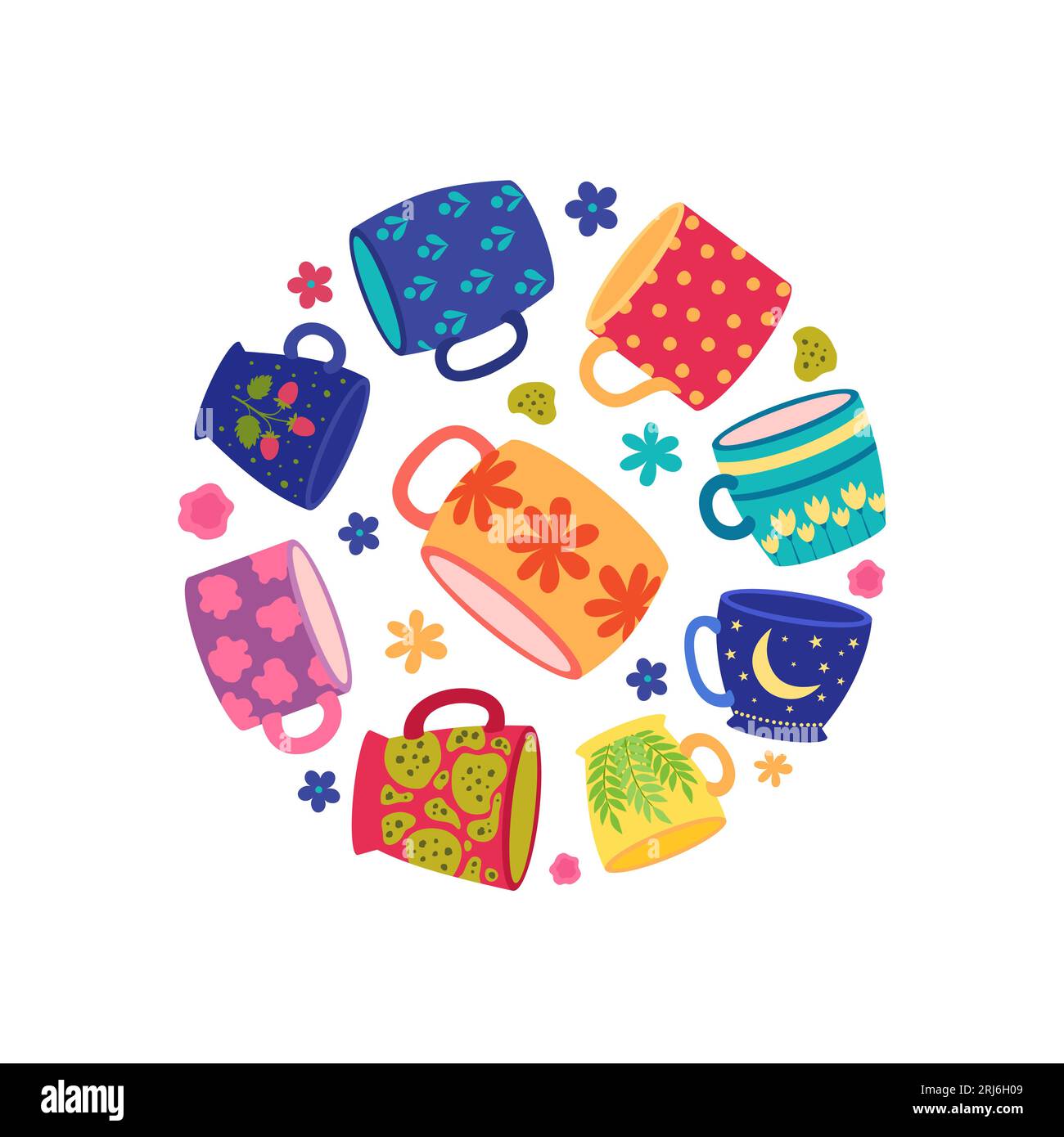 Cups in circle shape. Round background with stylized colored decorated ...