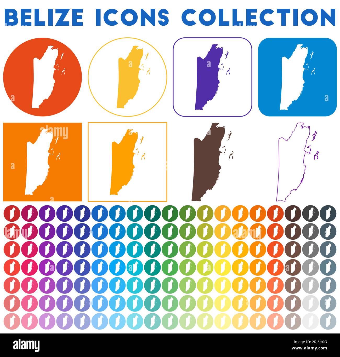Belize icons collection. Bright colorful trendy map icons. Modern Belize badge with country map ...