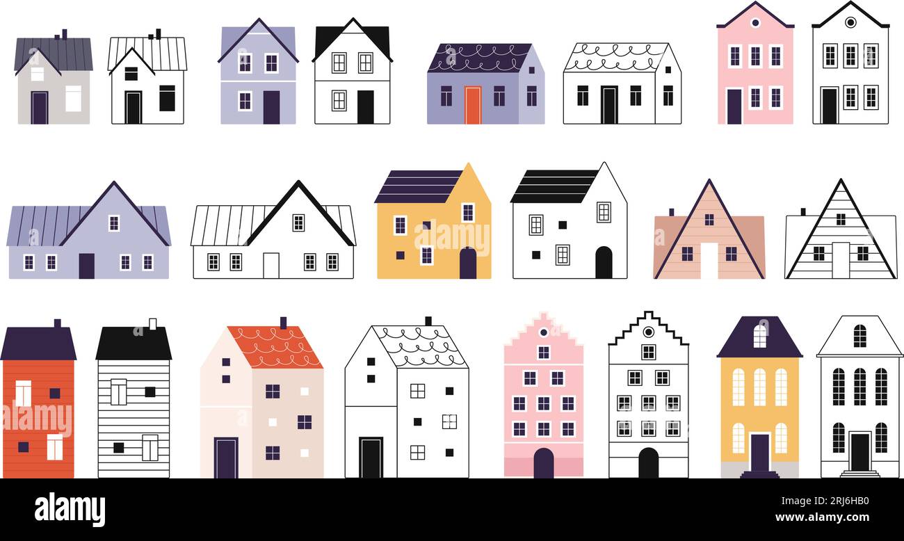 Flat doodle houses, tiny buildings flat and line style. Decorative ...