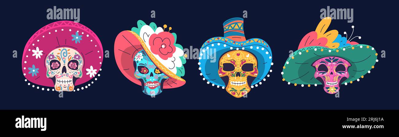 Mexican characters skulls. Sugar skull face for day dead party ...