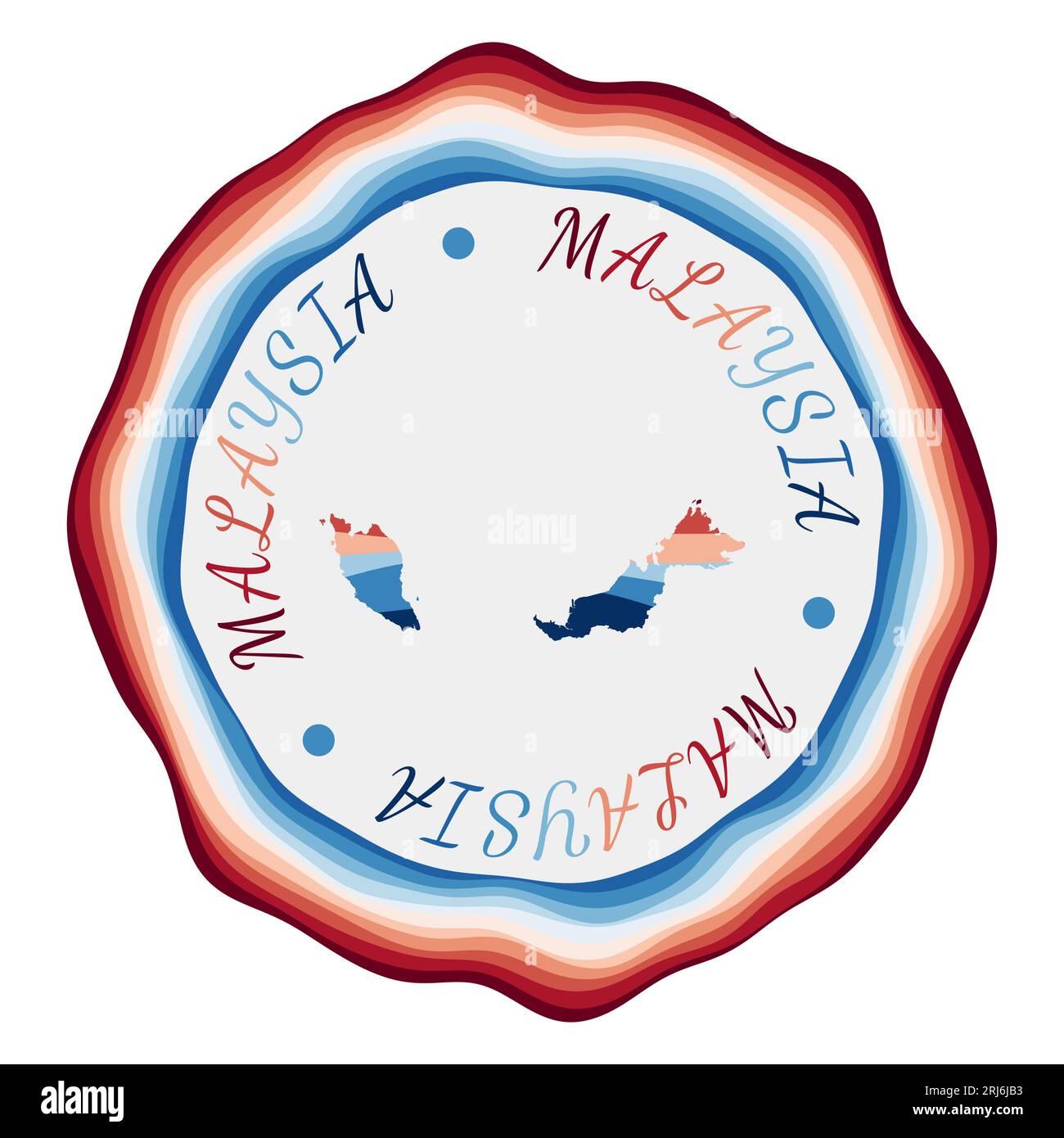 Malaysia badge. Map of the country with beautiful geometric waves and vibrant red blue frame ...
